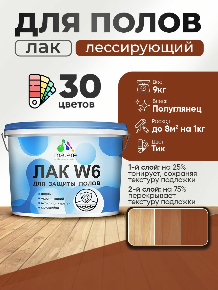 Лак колерованный тонирующий для защиты пола Malare W6 для паркета и ламината, для дерева и минеральных поверхностей, водный без запаха быстросохнущий, полуглянцевый, тик, 9 кг.