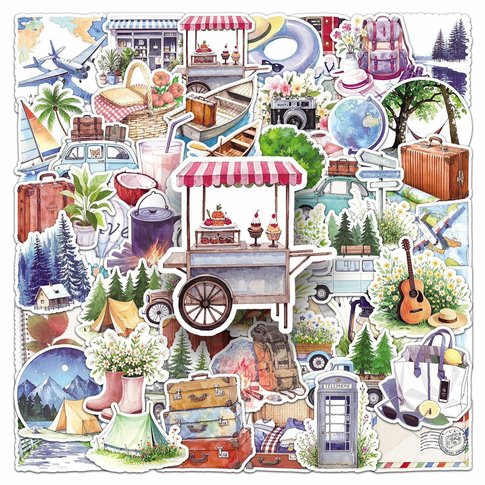 Набор из 50 наклеек для кемпинга, водонепроницаемые виниловые наклейки с изображением пейзажей, палатки, багажа, кемпера, костра для альбома, ноутбука, журнала, чемодана, бутылки с водой, чехла для телефона