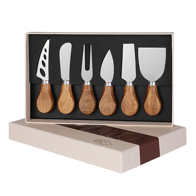 Набор ножей для сыра с ручкой из акации, нержавеющая сталь, набор столовых ножей, подарочная коробка, набор из 6 предметов