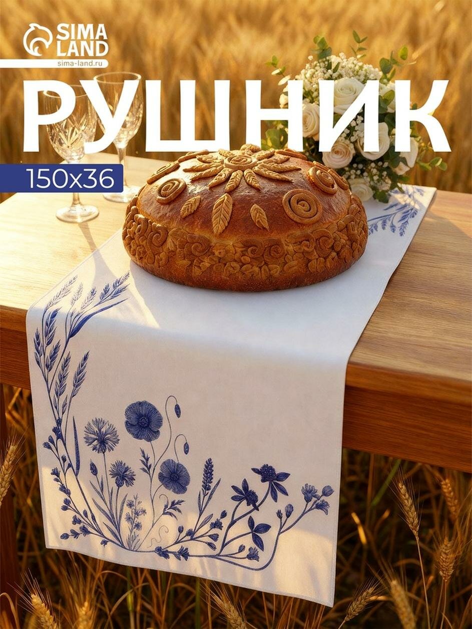 Рушник Сима-ленд «Луговые цветы», свадебный, размер 150×36 см, белый/синий