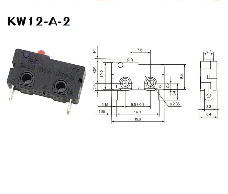 KW12-A-2 — микропереключатель кнопочный, 2 вывода, нормально замкнутый (NC), размыкается при нажатии, 2шт