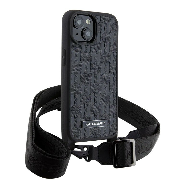 Karl Lagerfeld чехол с ремешком для iPhone 15, Crossbody PU-кожа Monogram Metal Plate logo Black
