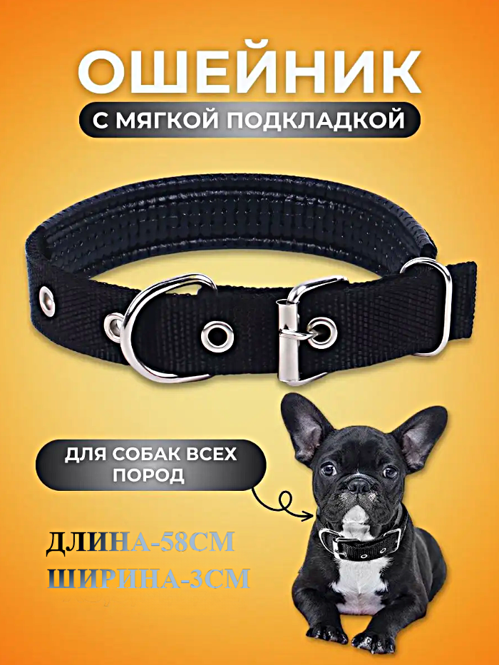 Ошейник для собак мелких и средних пород, Ошейник нейлоновый с пряжкой, Длина 38 см, Ширина 3 см, Черный