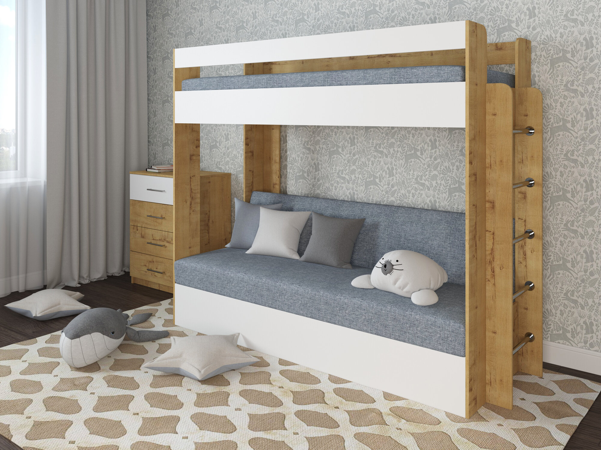 Кровать двухъярусная с диваном Есэндвич new Лаворо (Дуб бунратти/Белый/Savana Plus Mouse)