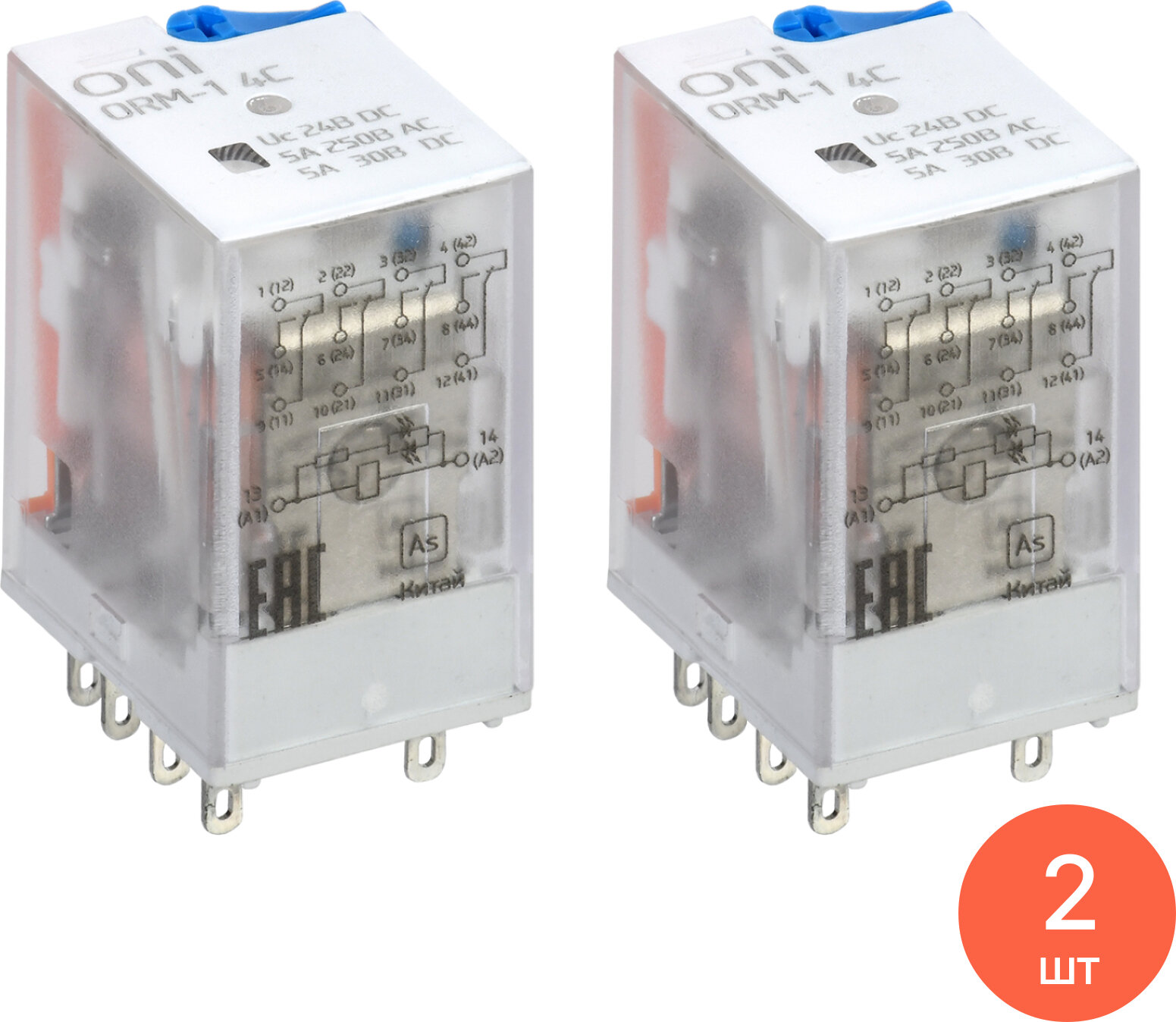Реле промежуточное ONI / ОНИ ORM-1 интерфейсное со светодиодом и тестовой кнопкой, 36x27x21мм, 5А 24В DC, RRP20-4-03-024A-LED / электрика (комплект из 2 шт)