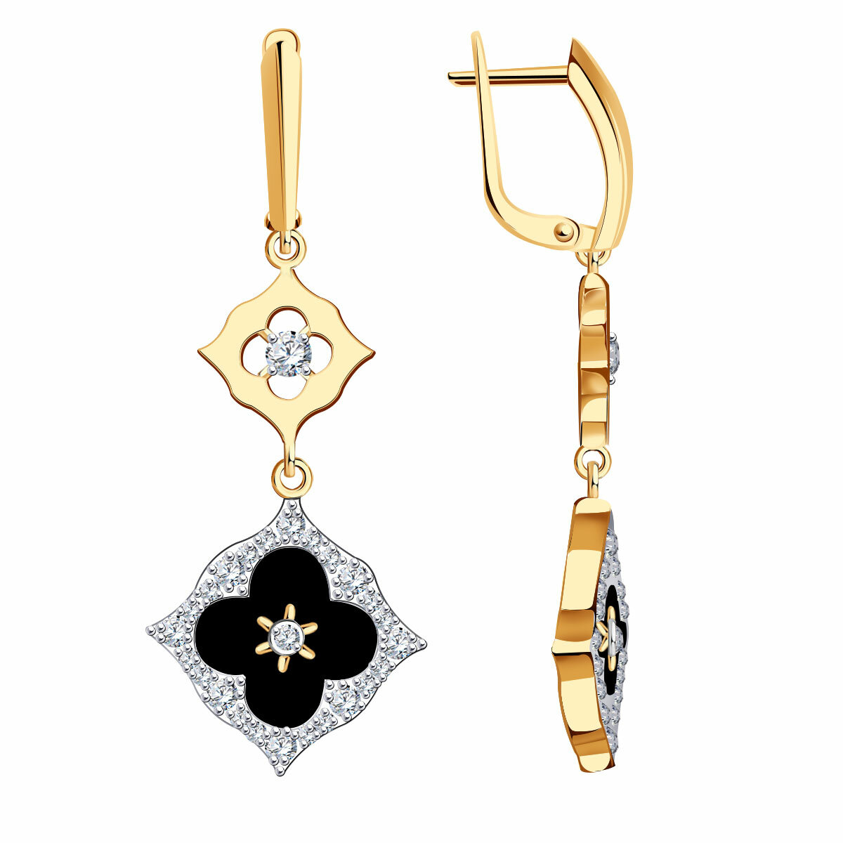 Серьги, красное золото, 585 проба, оникс, фианит