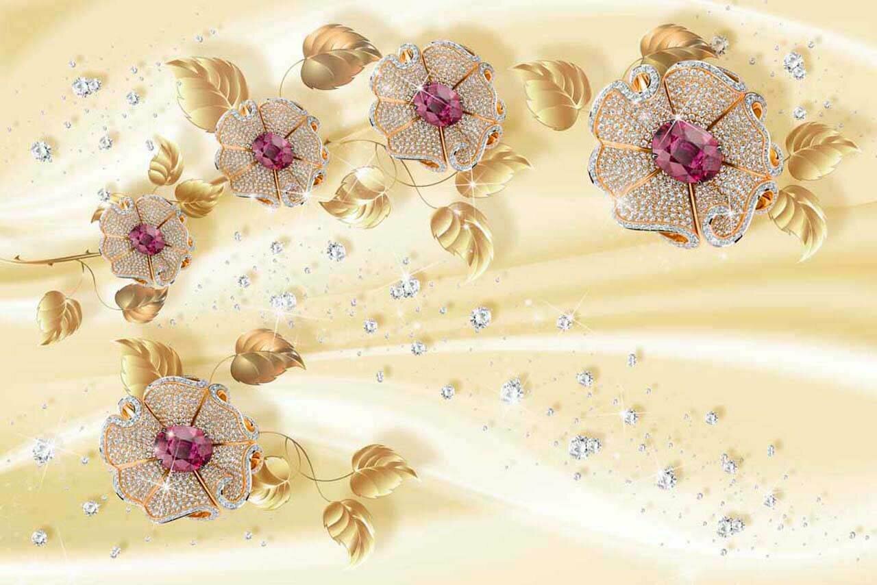 Фотообои Стереоскопические цветы со стразами на фоне ткани 10-460-M-Флок 270 x 300 см (ВхШ) Бесшовные, флизелиновые, влагостойкие обои MasterFresok