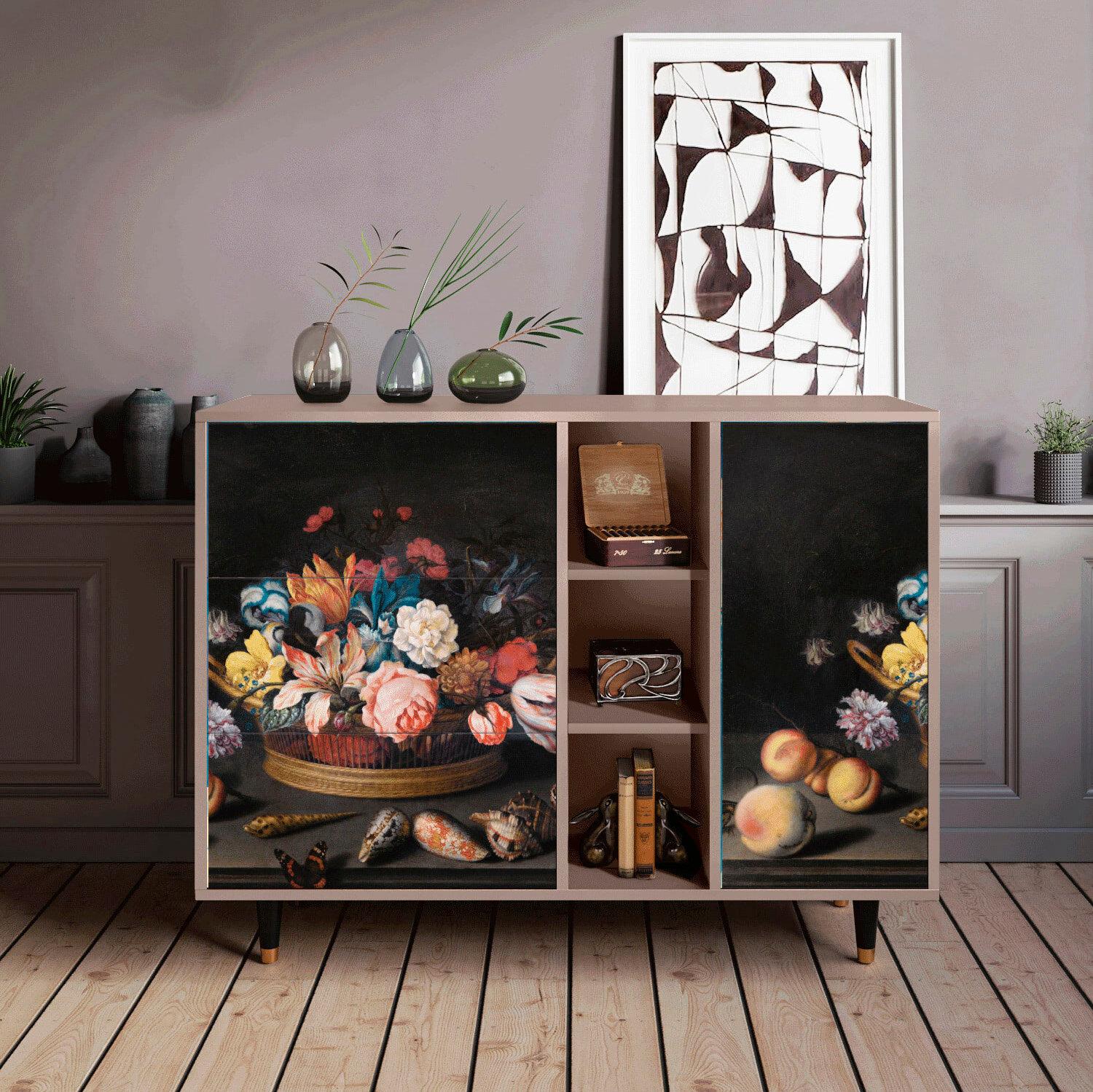Комод - STORYZ - BS2 Still Life with Flowers and Shells by Balthasar van der Ast , Разер - 125 x 97 x 48 см , Цвет корпуса - Бежевый