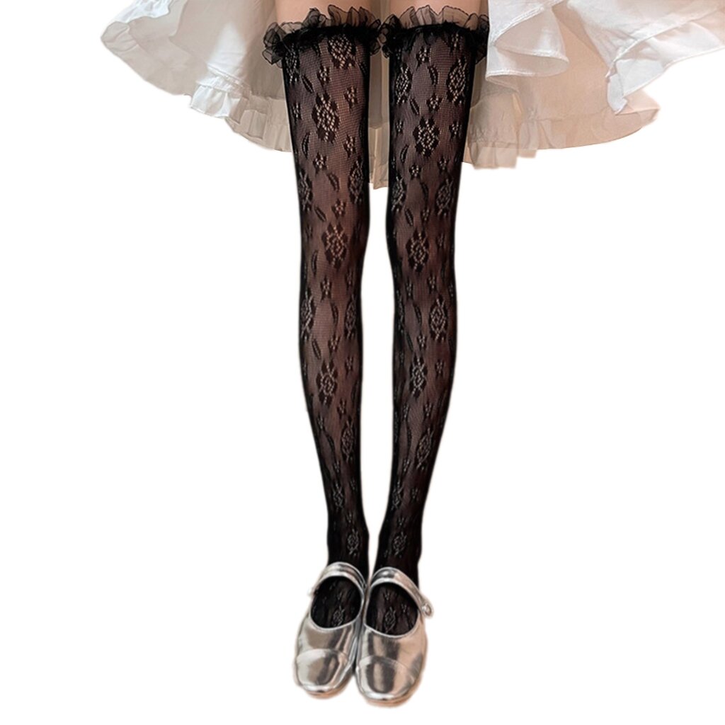 Женские гольфы в цветочную сетку поверх гольфов с кружевной отделкой с рюшами, чулки в сетку до бедра