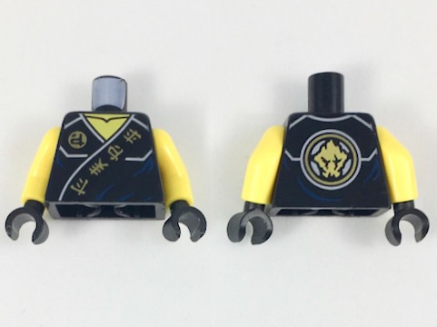 Torso Ninjago Robe with Gold Ninjago Logogram 'Fire Earth Lightning Energy' on Black Sash Pattern / Yellow Arms / Black Hands, 973pb2168c01 Black N