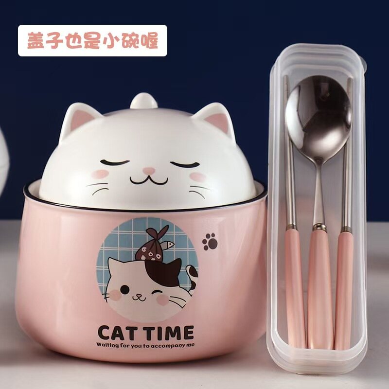 Миска для лапши быстрого приготовления 1020 мл с рисунком кота, удобная глубокая миска для супа и вторых блюд