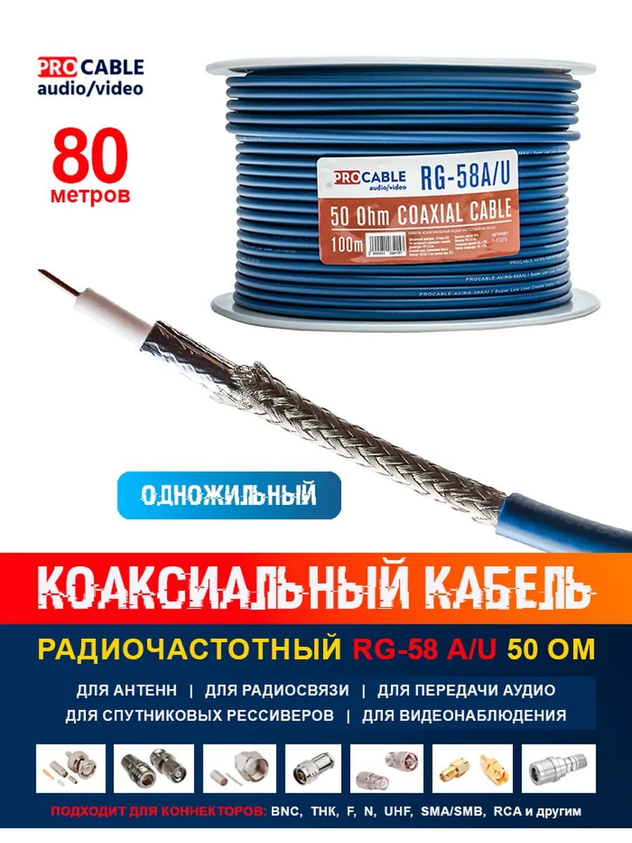 Коаксиальный кабель RG-58 A/U моножильный (80 метров)