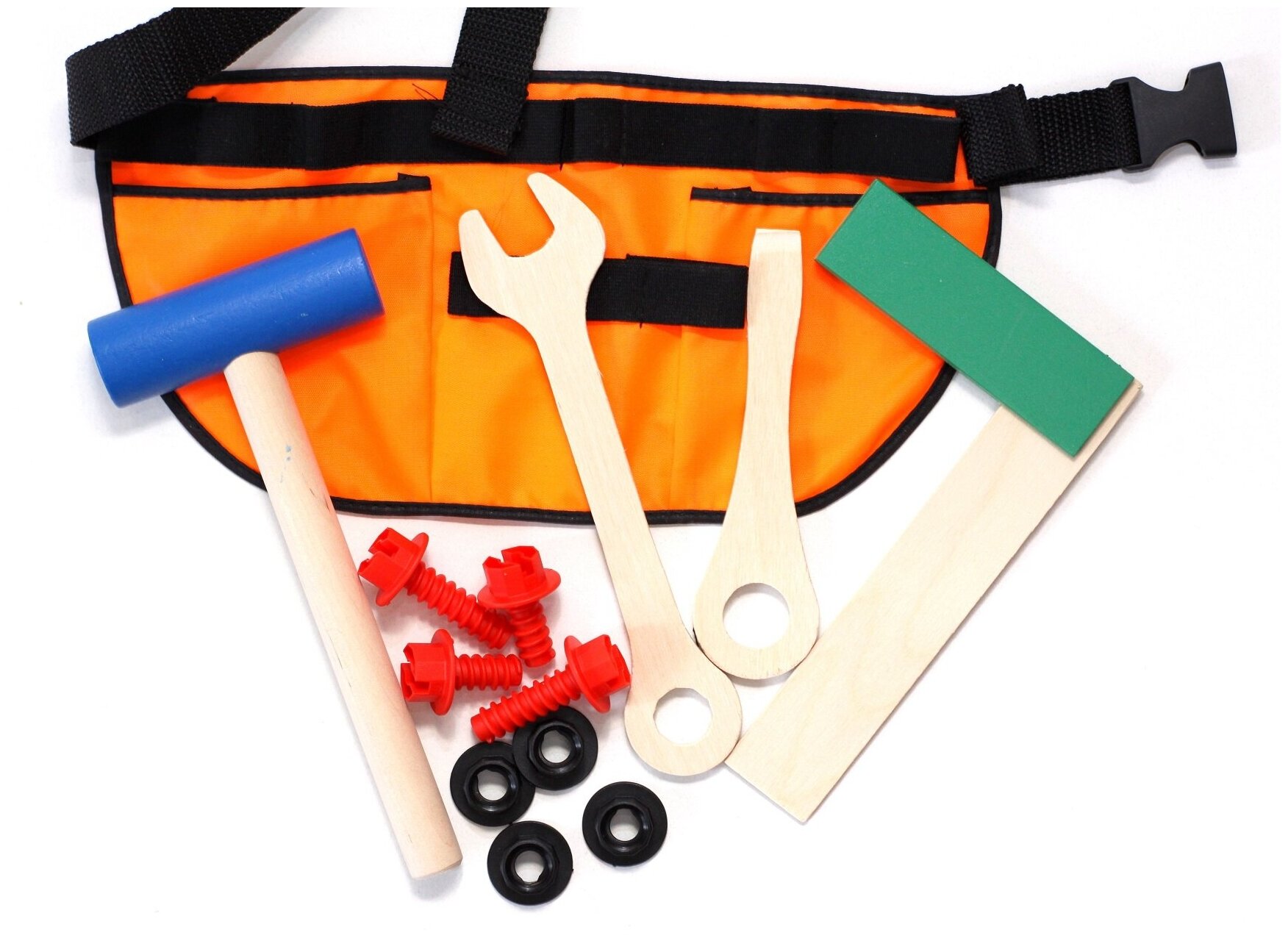 Набор инструментов с поясом (молоток, ключ, отвертка, уголок, болты, гайки)