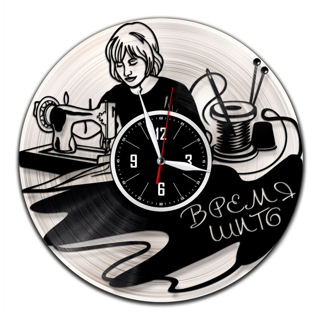 Время шить - настенные часы из виниловой пластинки (с серебряной подложкой)