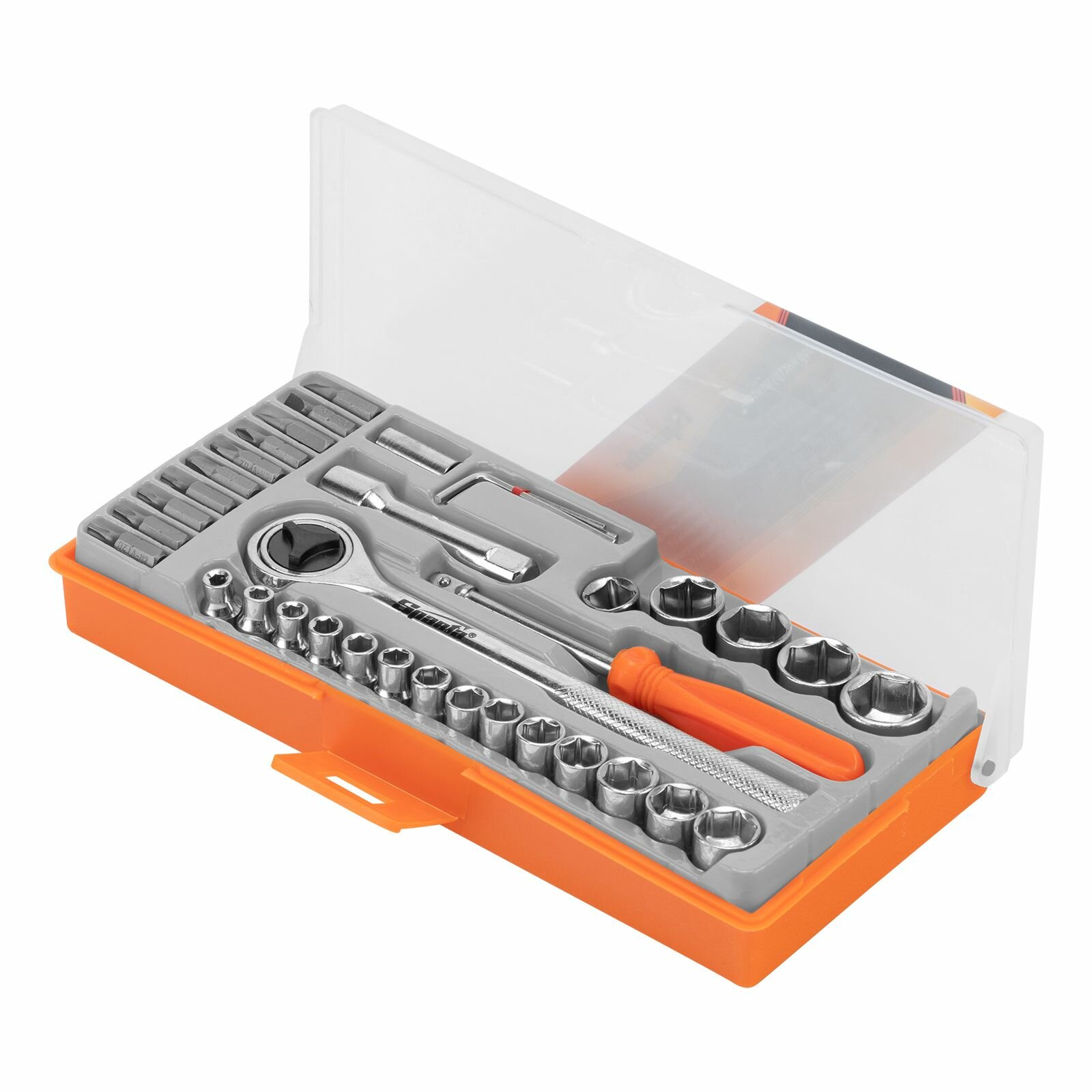 Набор инструментов Sparta бытовой, 37 предметов, рожковые ключи, накидные ключи, головки, трещотка, отвертки, пассатижи (13541)