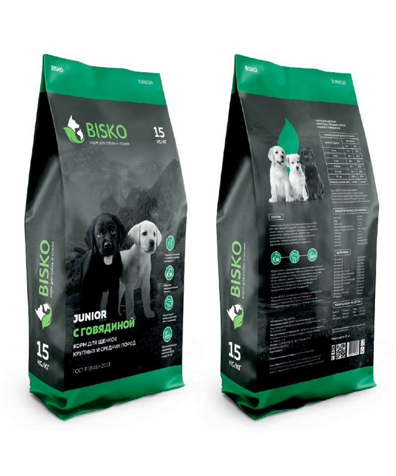 Сухой корм Биско Bisko Юниор для щенков крупных и средних пород (металлизированный пакет), 15 кг
