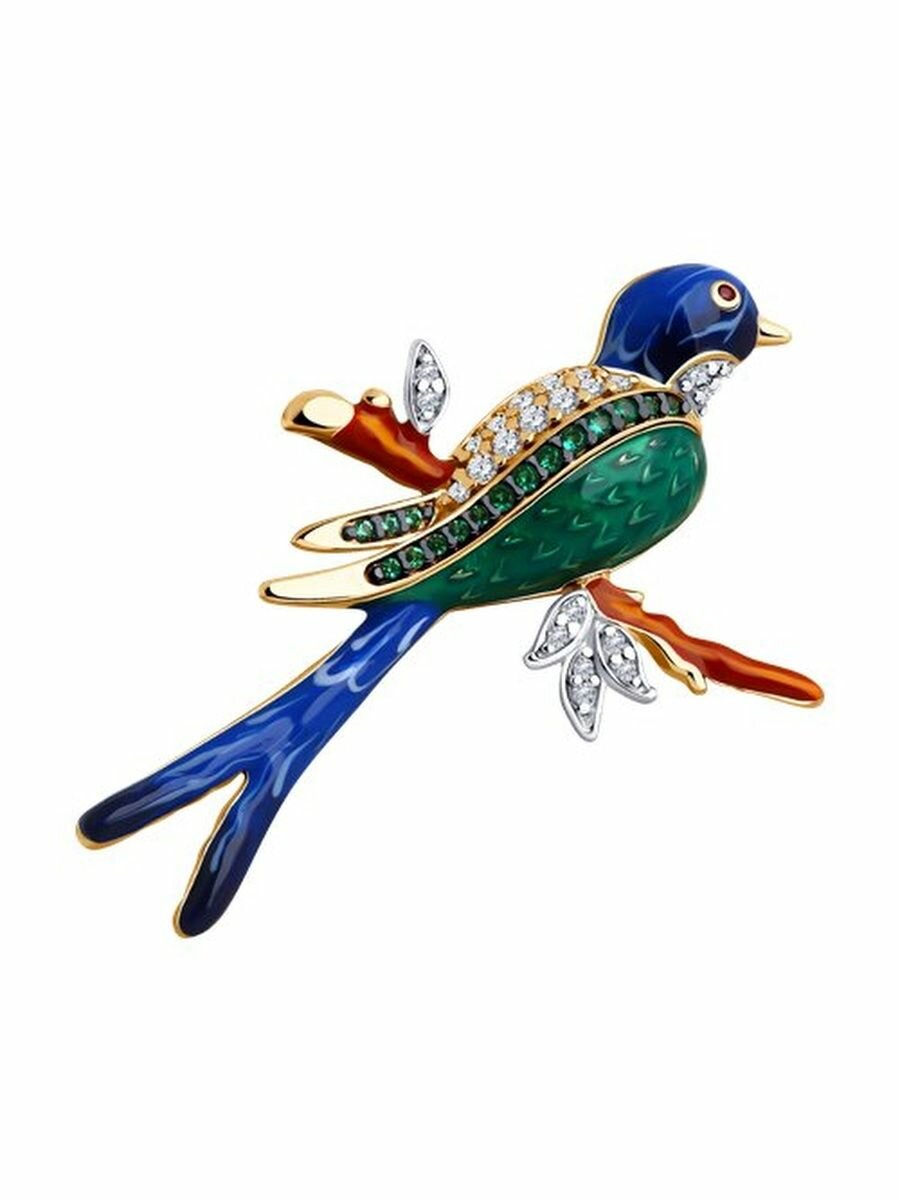 Брошь, серебро, 925 проба, золочение, корунд синтетический