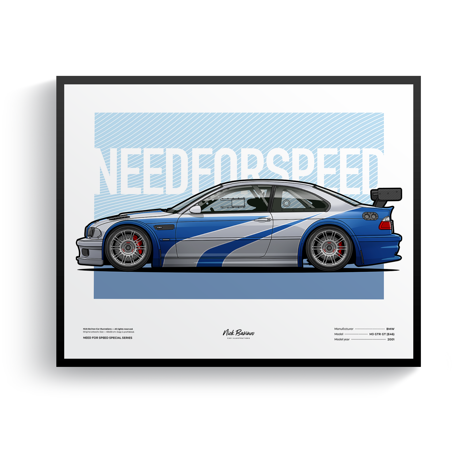 Плакат, картина, постер с авто в раме BMW M3 GTR GT (E46) 2001 — Need For Speed : Most Wanted / плакат на стену (40х50см)