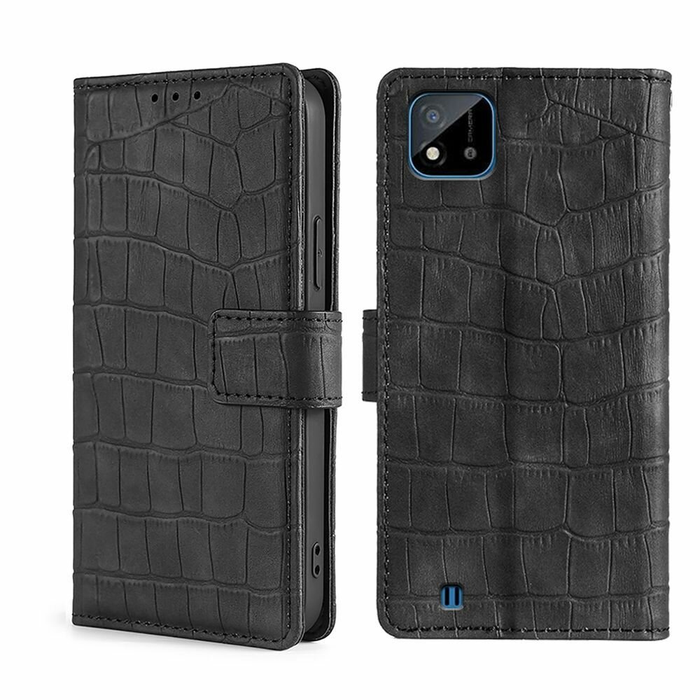 Чехол-книжка MyPads для Realme C20 / C11 (2021) / Реалми C20/C11 2021 черный крокодиловая кожа