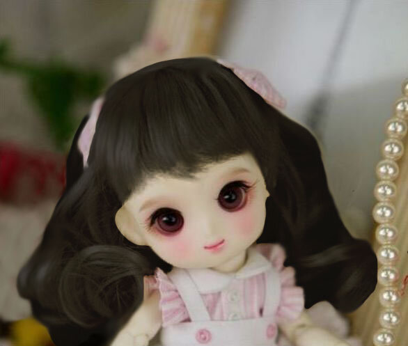 DollGa Wig LK4-009 (Длинный парик с локонами и чёлкой натуральный чёрный размер 4-5 дюймов для БЖД кукол)