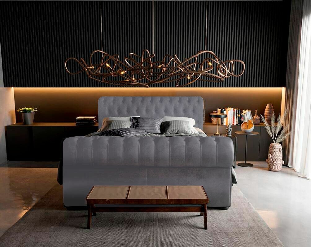 Двуспальная кровать 180x200, Chesterfield, с мягким изголовьем, с ящиком, велюр, серый