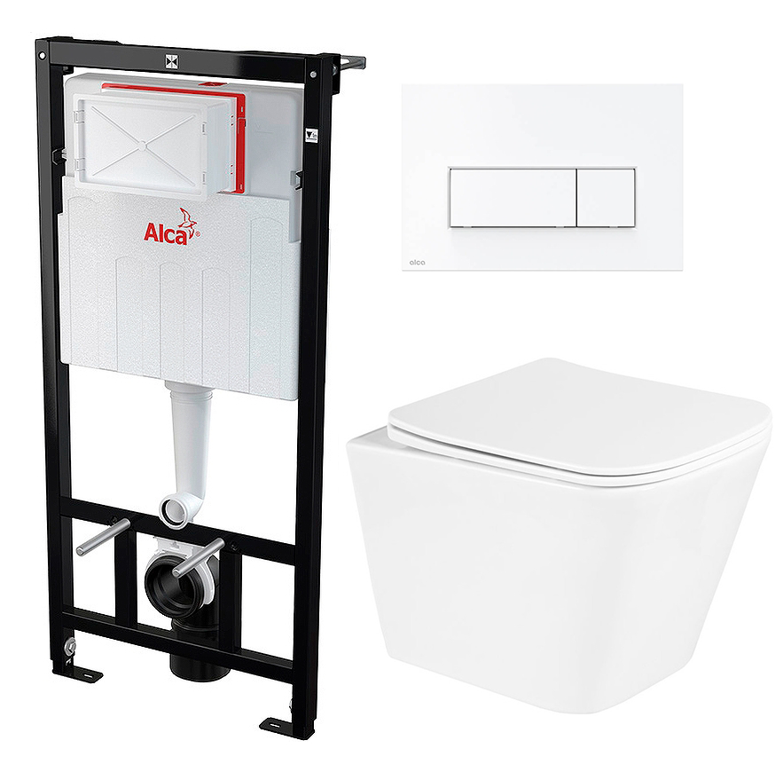 Комплект 3 в 1 инсталляция AlcaPlast + Унитаз подвесной BelBagno Due BB3103CHR/SC + кнопка белая