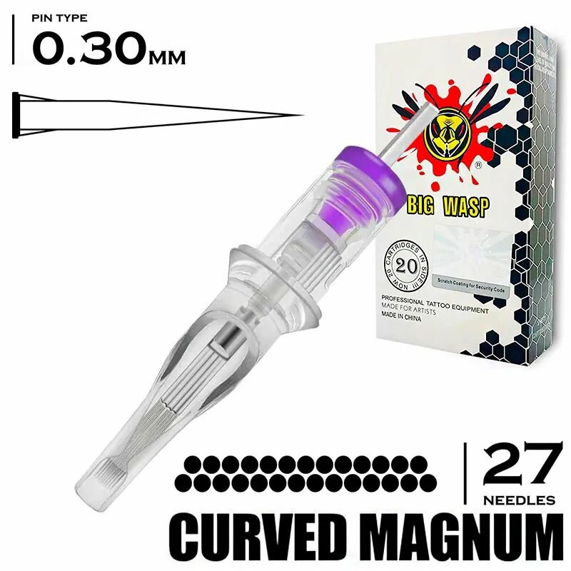 Тату картриджи BIG-WASP Matte Transparent 27CM/0,30 Curved Magnum (1027cm), 20шт