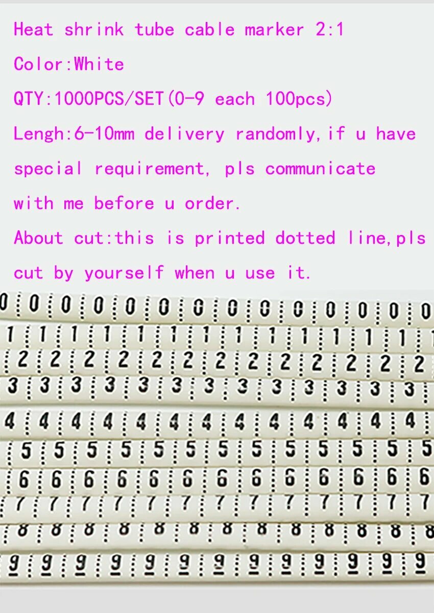 Цветные термоусадочные трубки для кабелей 0-9, ПВХ, 1-16 мм 4.0mm, white 1000pcs