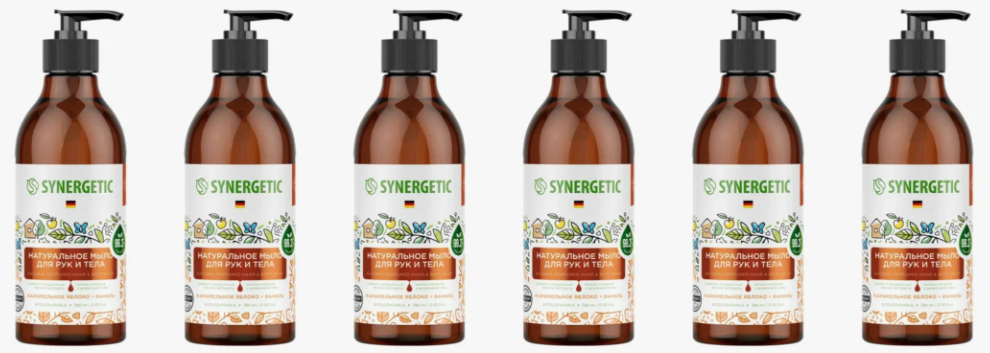 Натуральное мыло для рук и тела Synergetic Карамельное яблоко и ваниль, 380 мл, 6 шт