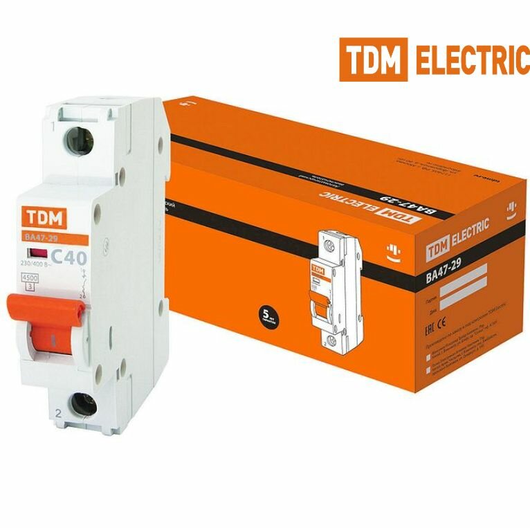 Автоматический выключатель TDM Electric ВА47-29 1P 40А (C) 4.5кА, SQ0206-0078