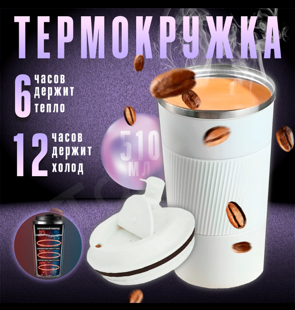 Термокружка для кофе, термостакан, 500мл, термос, автомобильная, из нержавеющей стали, с крышкой, непроливайка, металлическая