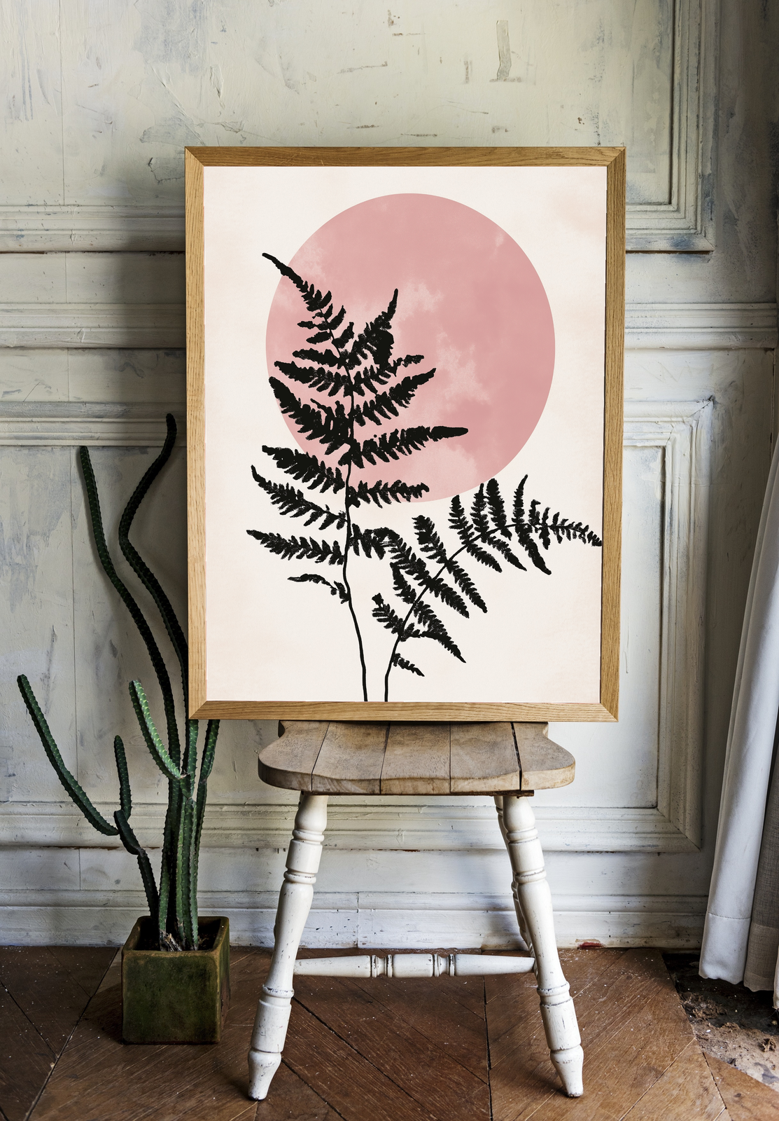 Постер "Папоротник на фоне розового круга" 40x50 в раме