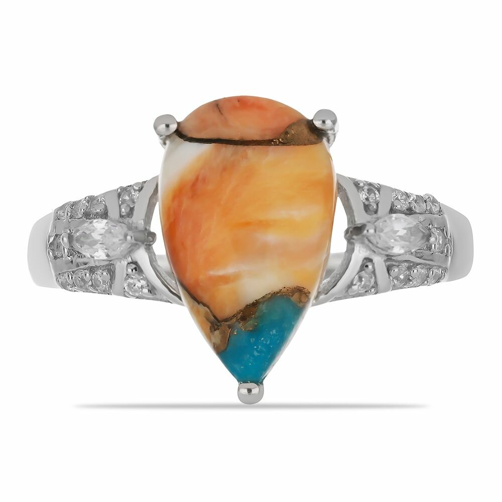 Кольцо, серебро, 925 проба, родирование, бирюза, циркон