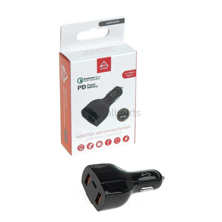 ARNEZI A0603019 Адаптер автомобильный 40W 2хUSB-A 3.1А (QC3.0) + Type-С (PD 3.0) 12-24V в прикуриватель ARNEZI A0603019