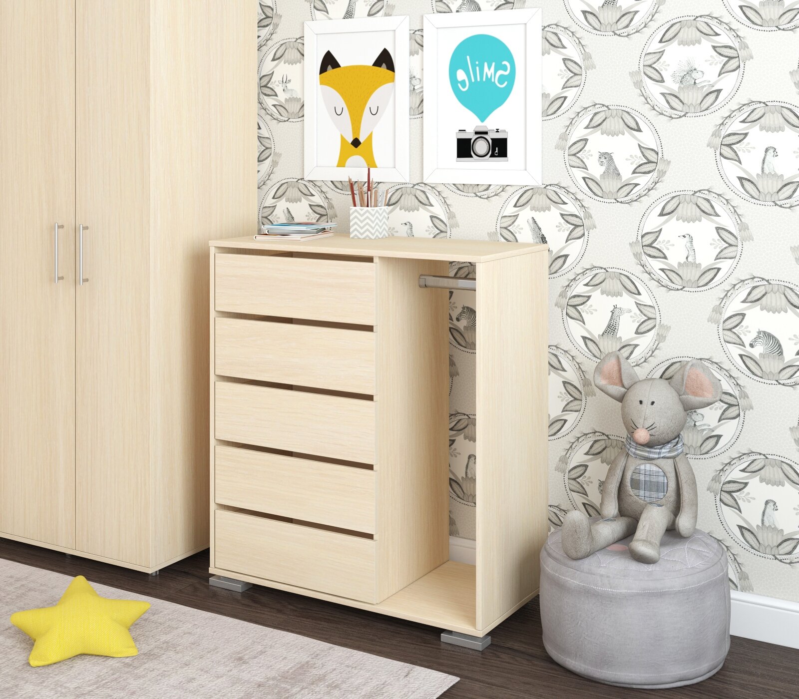 Шкаф, комод, шкаф-комод с ящиками, со штангой Есэндвич Лаворо, 90x43х102 см, левый (Выбеленный Дуб)