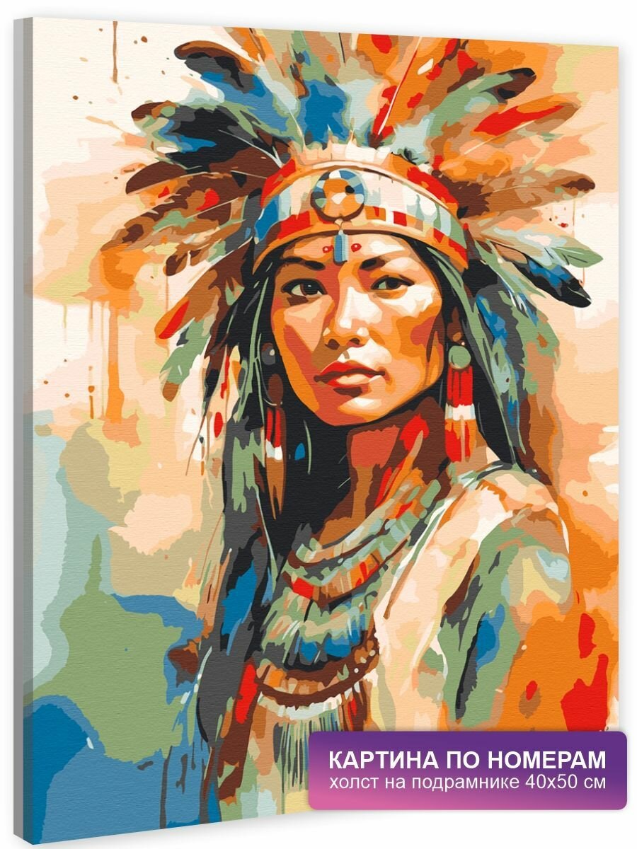Картина по номерам на холсте с подрамником 40х50 см. Мир, вселенная, человек, люди. "Девушка-индеец", арт. 5293/
