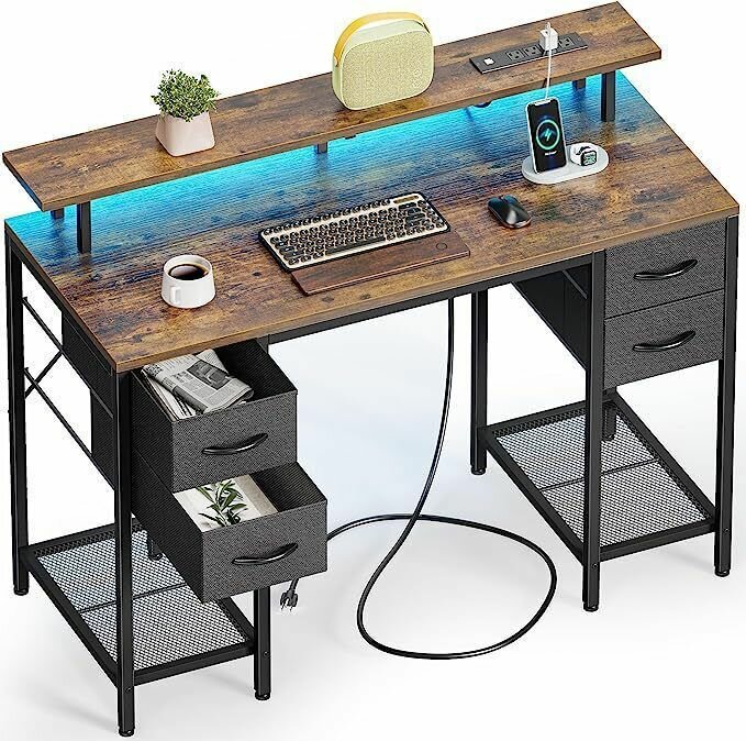 Игровой стол со светодиодной подсветкой и розетками питания, Реверсивный компьютерный стол с полками и выдвижным ящиком