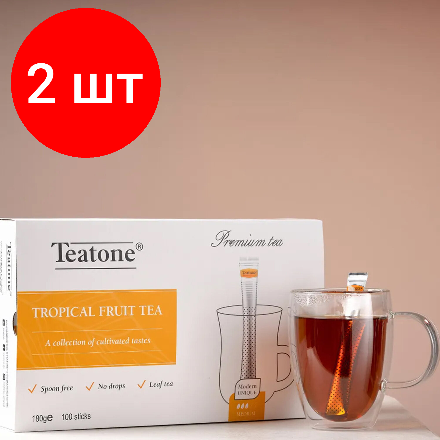 Комплект 2 шт, Чай TEATONE, черный с ароматом тропических фруктов, 100 стиков по 1.8 г, картонная коробка, 1247