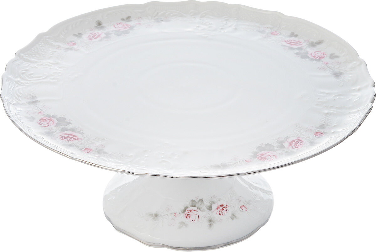 Блюдо для торта на ножке 32 см; "Bernadotte", декор "Бледные розы, отводка платина", Thun/ БТФ0268