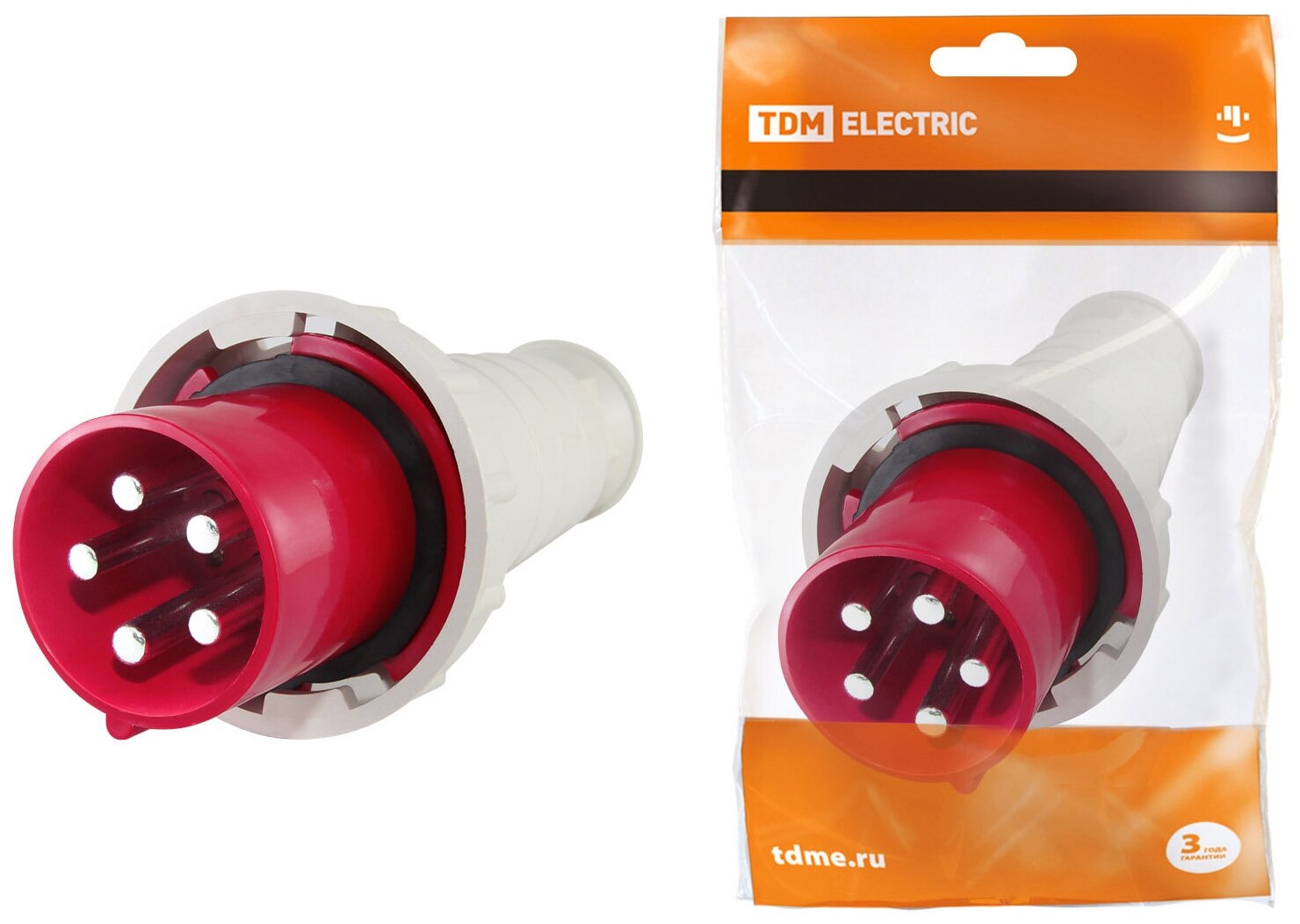 Вилка 035 3Р+РЕ+N 63А 380В , силовая, кабельная, переносная, 3 полюса, IP54, пластик, TDM ELECTRIC SQ0601-0008