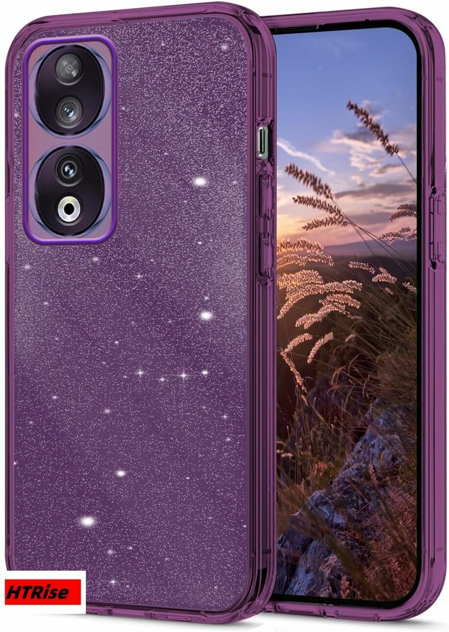 Чехол на Honor 90 (Хонор 90) прозрачный противоударный силиконовый чехол, блестками, с Защитное стекло на камеру(фиолетовый, Purple)