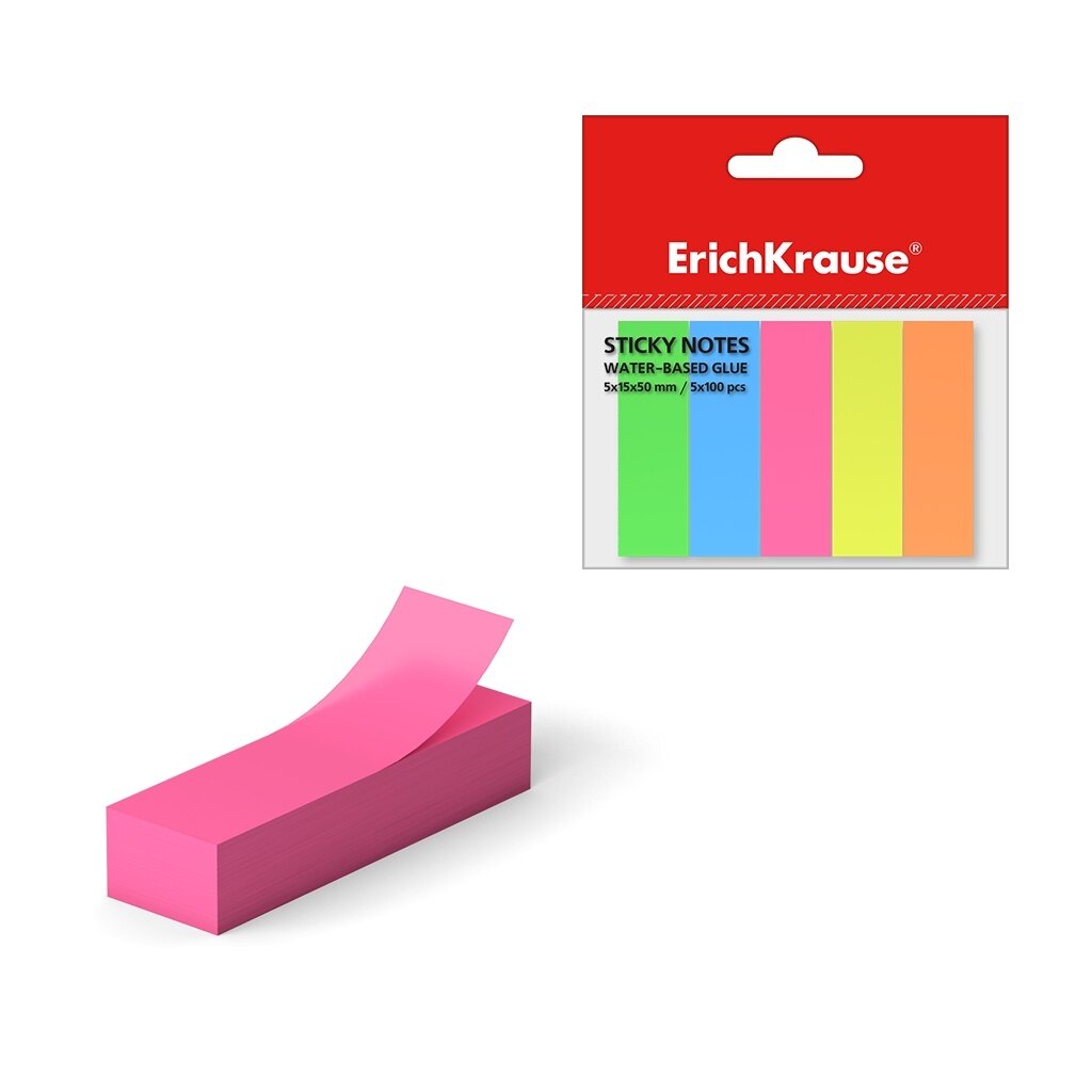 Закладки бумажные Erich Krause с клеевым краем, Neon, 15х50 мм, 500 листов, 5 цветов (37175)