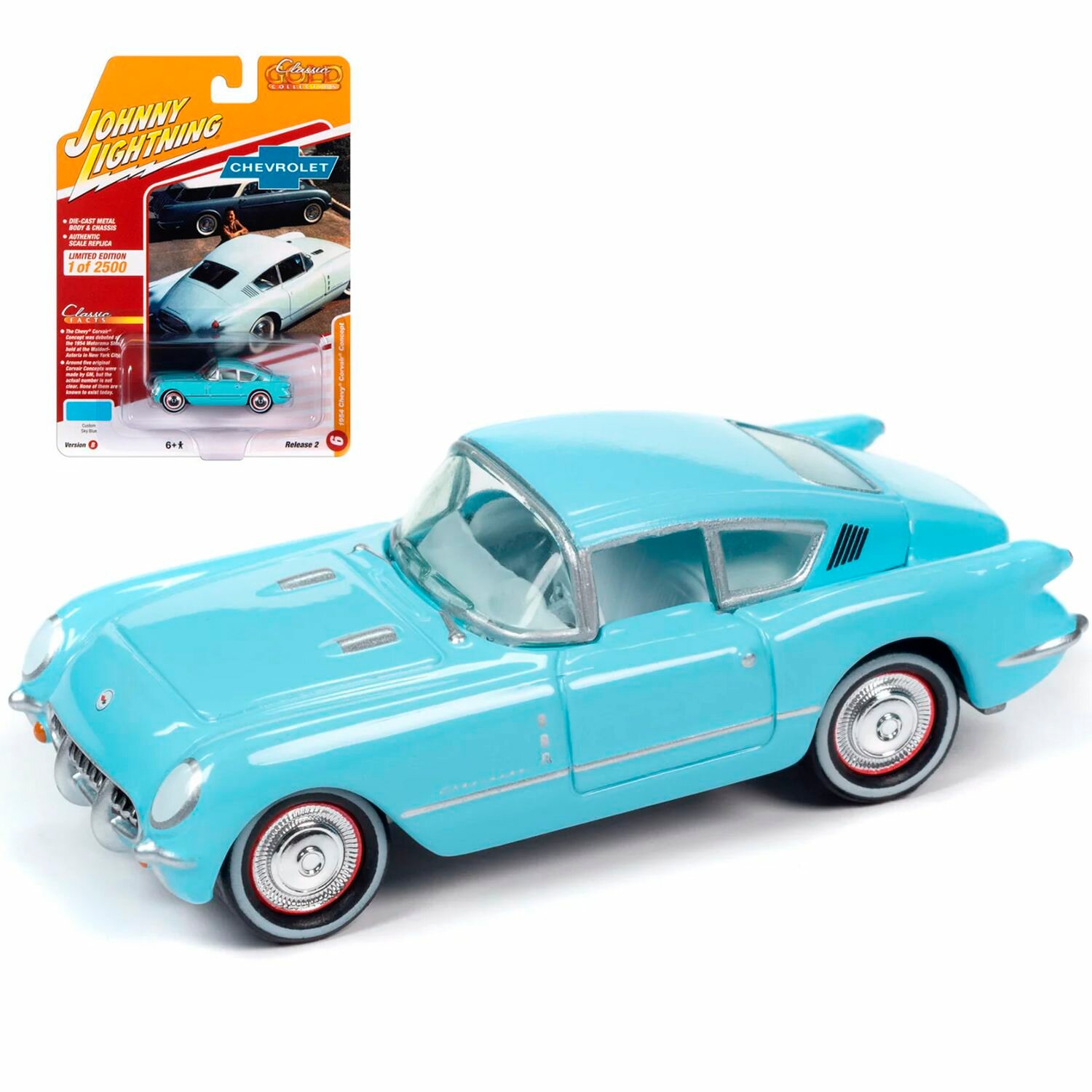 Машинка литая коллекционная Johnny Lightning - Die-сast модель 1954 Chevy Corvair Concept, масштаб 1:64, серия Classic Gold Collection, JLCG032B-R2-N6