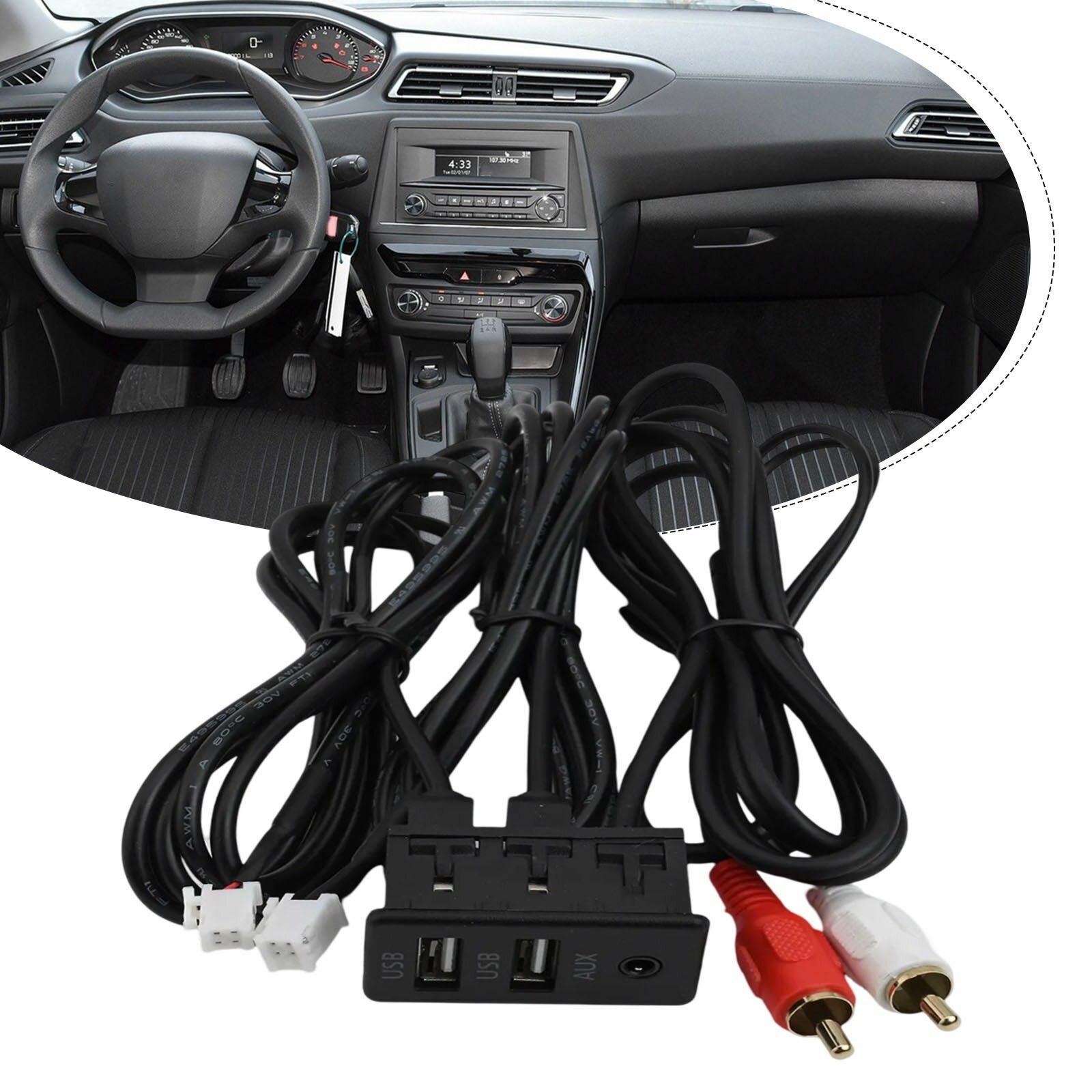 Автомобильный разъём USB+AUX для приборной панели — 2 порта USB и аудио RCA, кабель-адаптер 145 см, панель 4,2×2,2 см