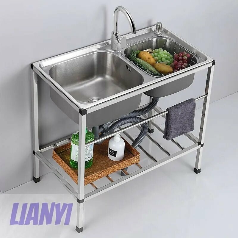 Кухонная мойка, двойная чаша из нержавеющей стали краном для горячей и холодной воды, 75CM*40CM