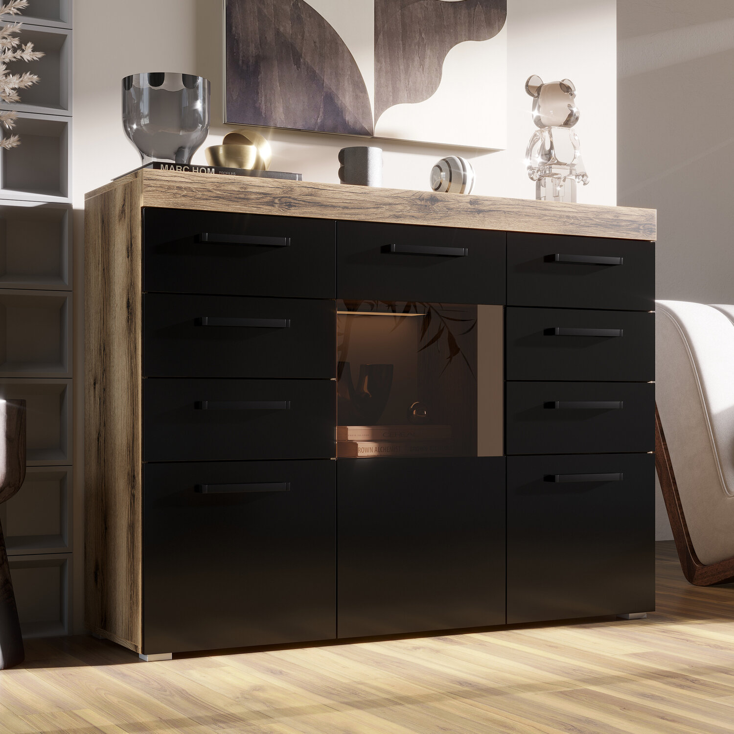 Комод Бастон Дуб Делано/Чёрный гладкий Эра 1352 ш/ 1028 в/400 г