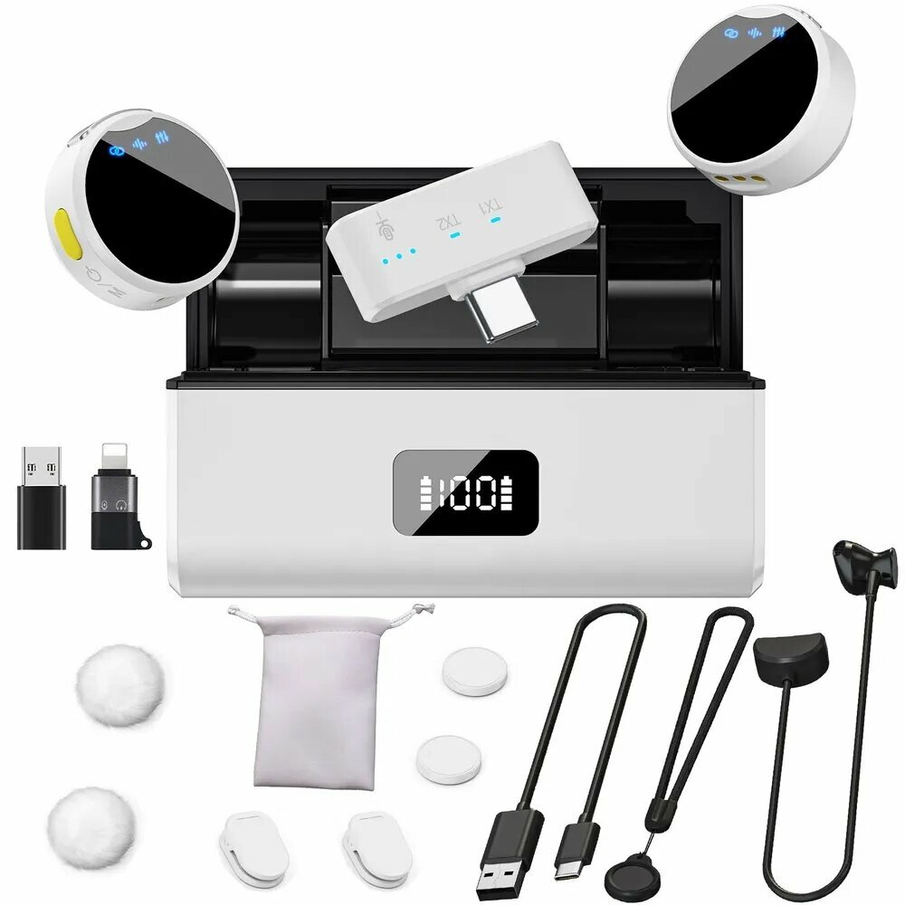 Микрофон петличный Беспроводной петличный микрофон, зарядное устройство, шумоподавление, магнитный петличный микрофон, для студийной записи, для Android IOS, для прямой трансляции, белый