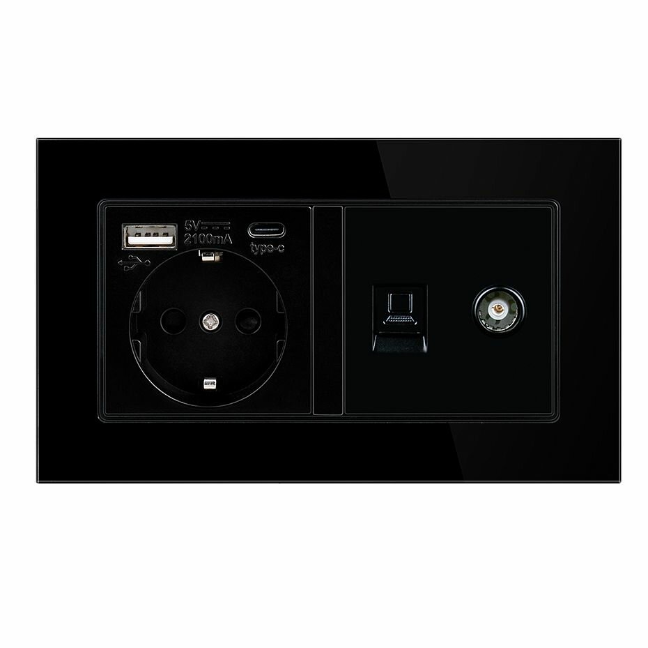 Розетка с USB 5V 2.1A и Type C + RJ45 Интернет-разъем + телевизионный порт Розетка, Черный закаленного стекла