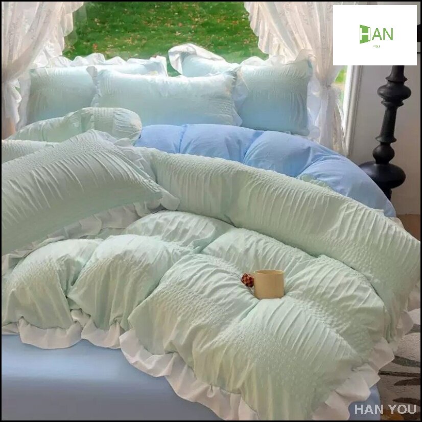 Эксклюзивный комплект постельного белья из корейского хлопка 4 предмета 200x230 см в стиле Ins, выполненный в белом цвете с кружевной отделкой