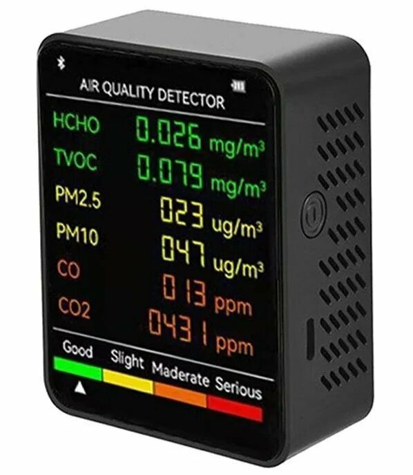 Монитор качества воздуха 6 в 1. Детектор СО2, угарного газа CO, пылевых частиц PM2.5 и PM10, HCHO